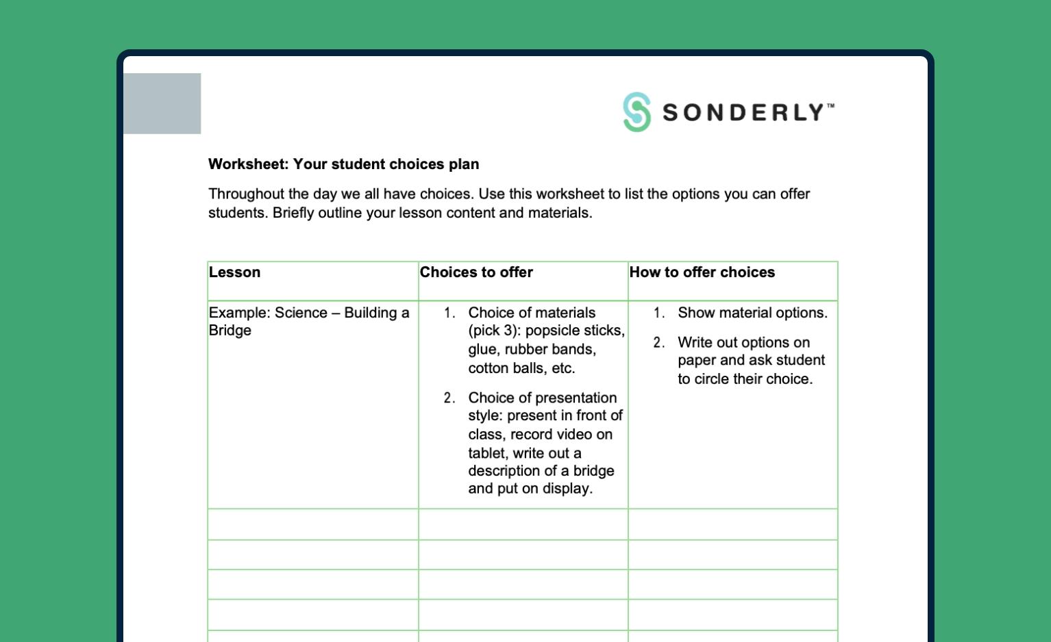 Worksheet: Your Student Choices Plan - Sonderly